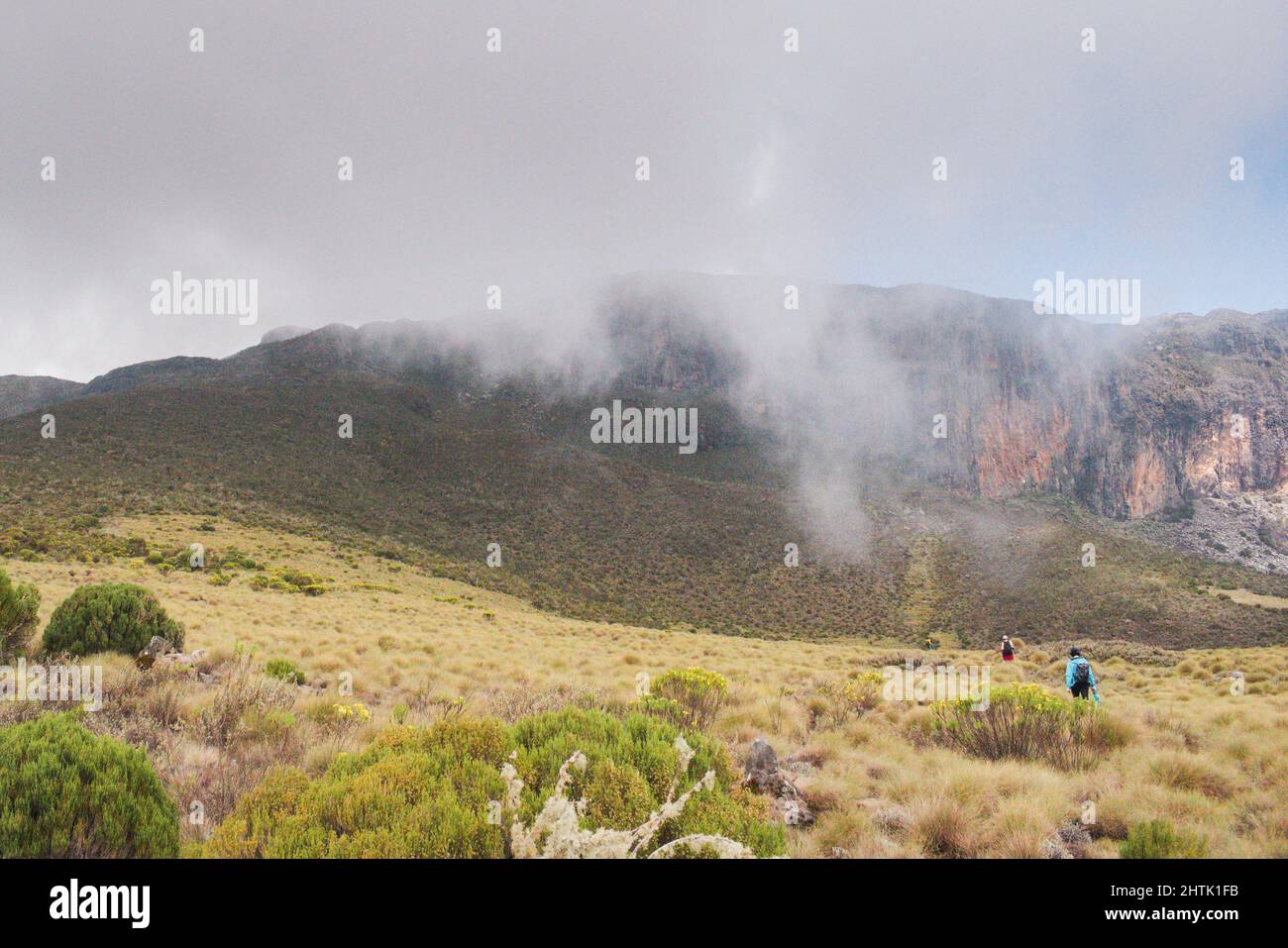 A group of hikers in the panoramic mountain landscapes of Mount Kenya ...