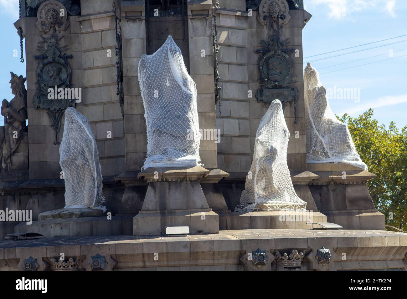 BARCELONA, SPAIN - OCTOBER 4, 2019 Columbus Monument statue protest ...