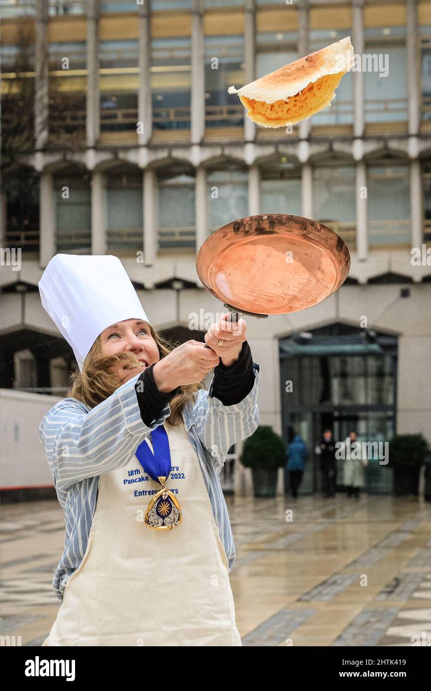London, UK. 01st Mar, 2022. A participant does a short pancake tossing ...