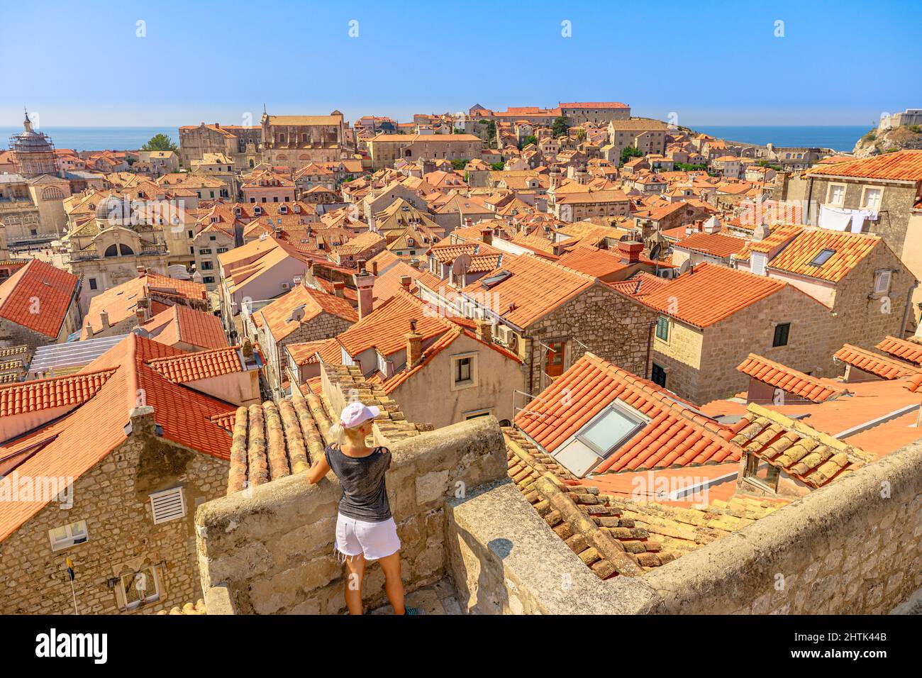 Aerial view of a girl on Dubrovnik walls in Croatia. View of Fort ...
