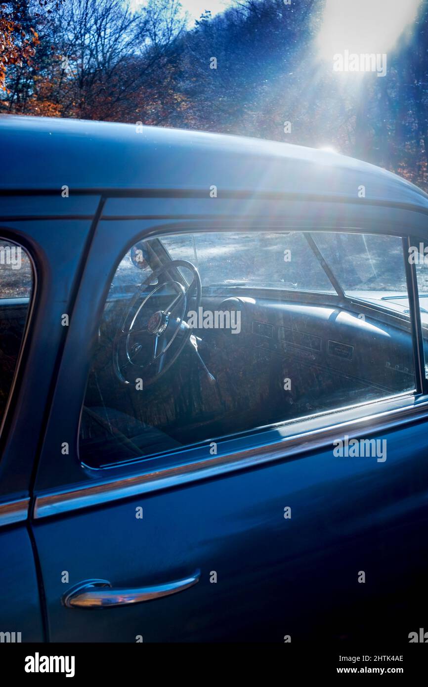 Looking into antique car window Stock Photo - Alamy