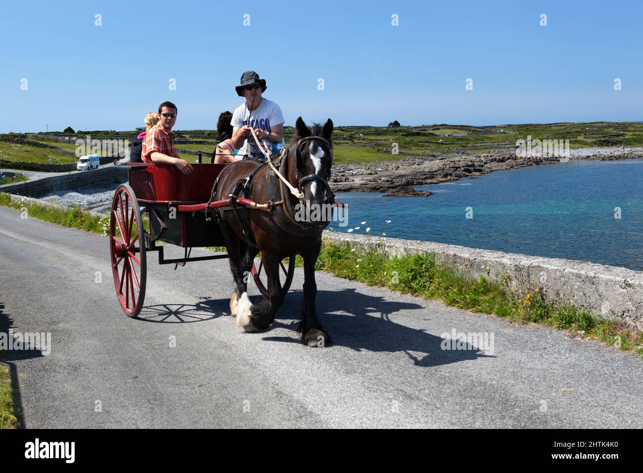 Pony buggy taking tourists on tour of island, Inishmore, Aran Islands ...