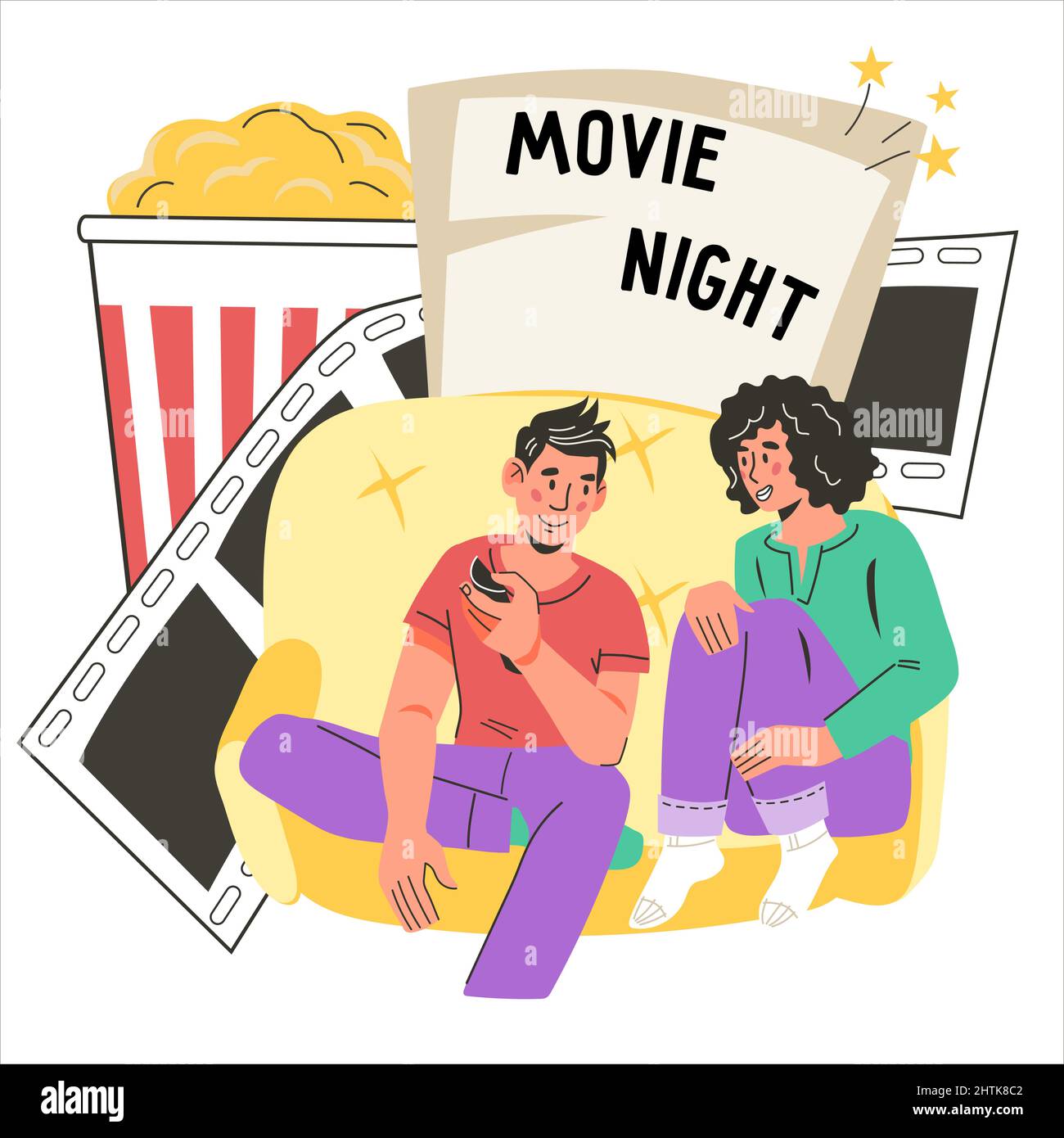 Movie night banner or poster with people watch TV, flat vector ...