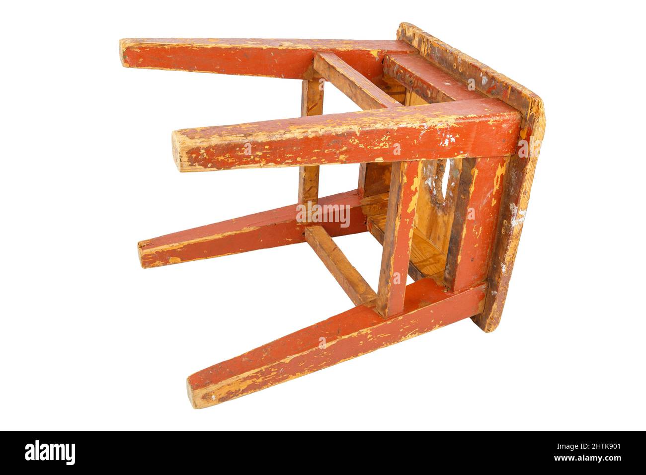 Old wooden stool with brown peeling paint. Loft style chair isolated on ...