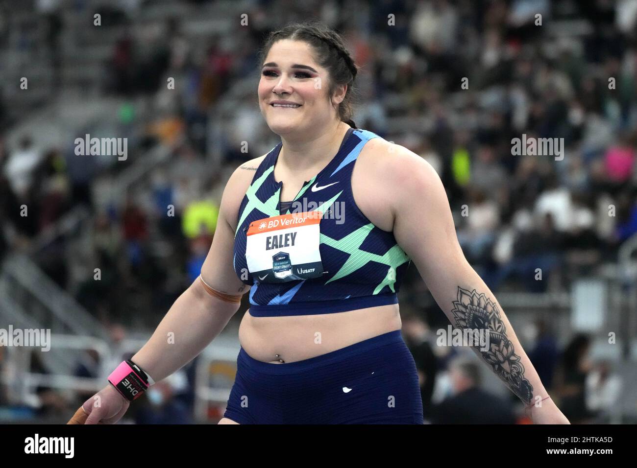 Chase Ealey celebrates after placing second in the women's shot put at ...