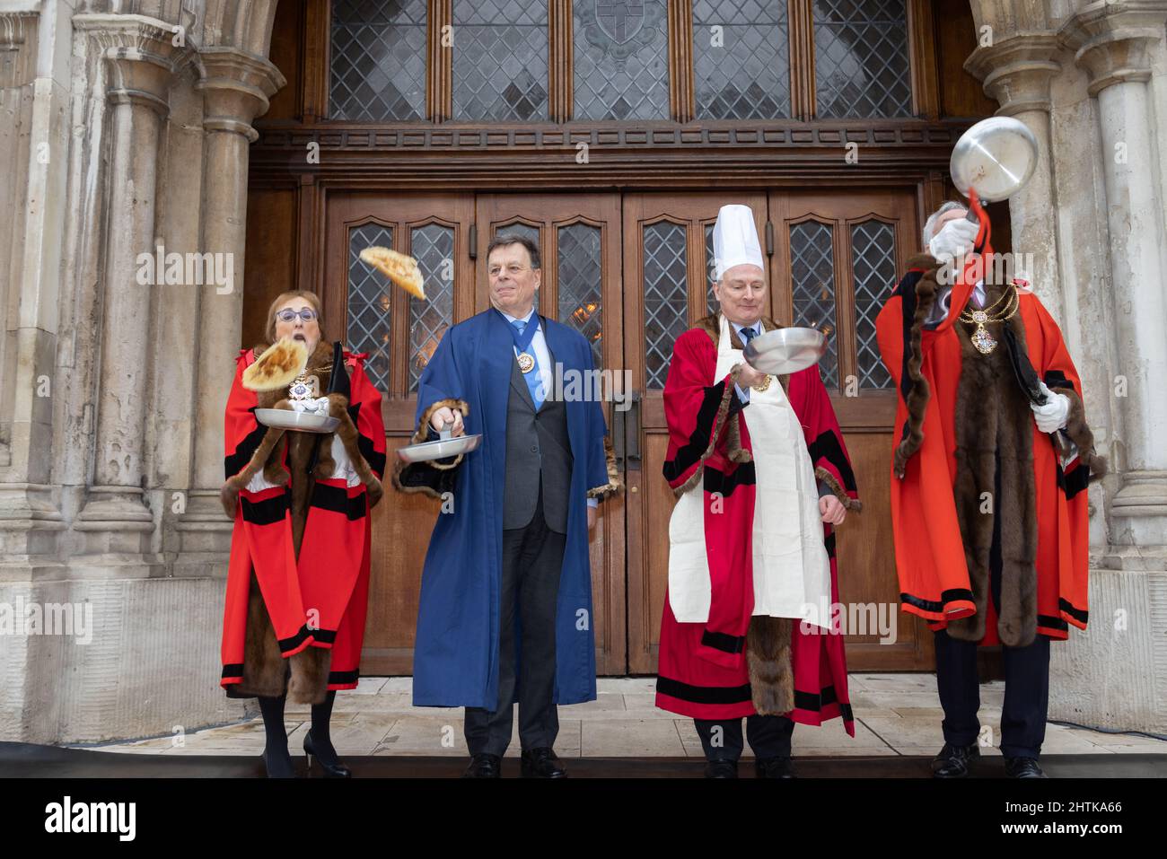London, UK. 1st March, 2022. Pancake tossing at the annual Shrove ...