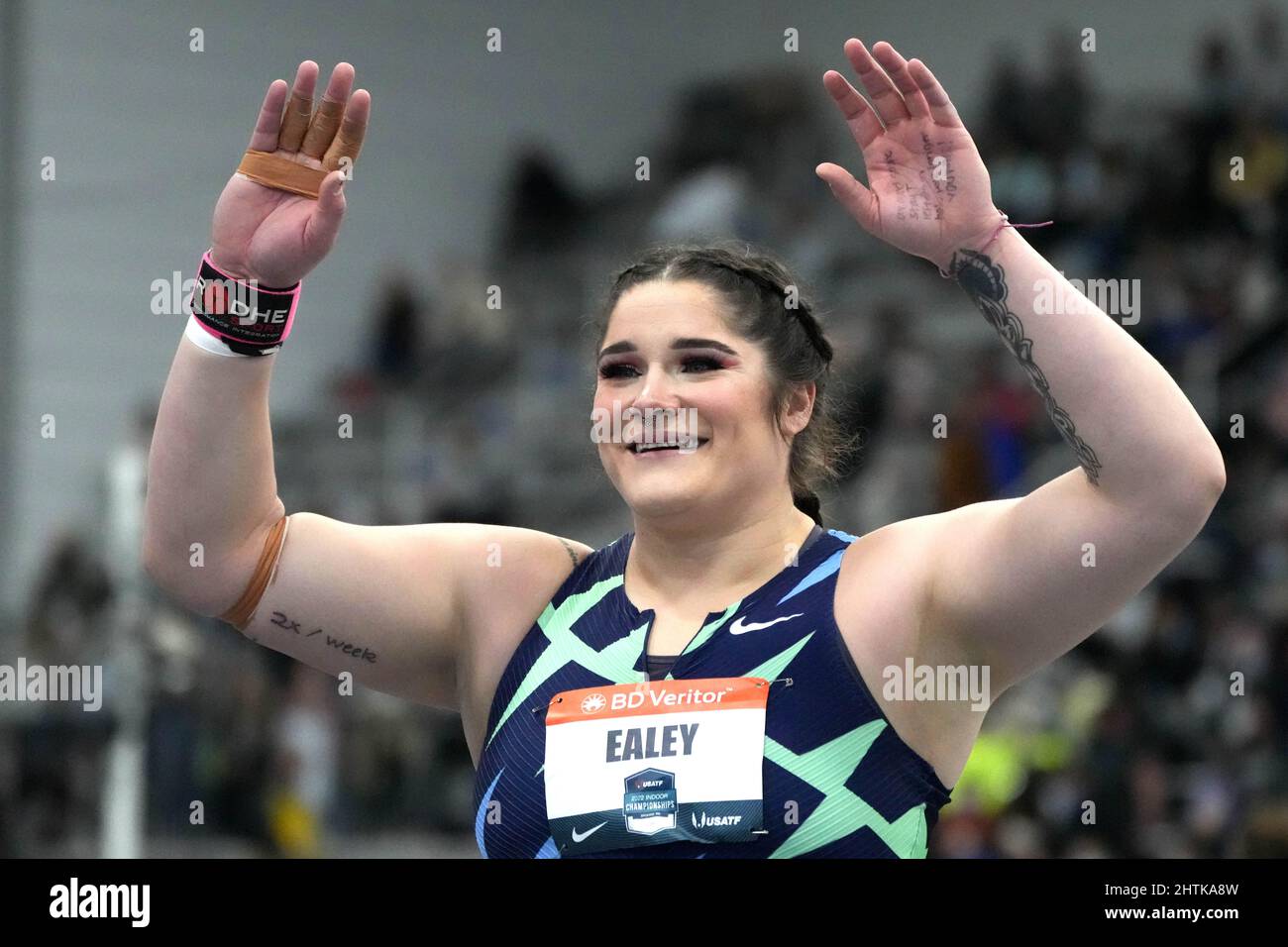 Chase Ealey celebrates after placing second in the women's shot put at ...