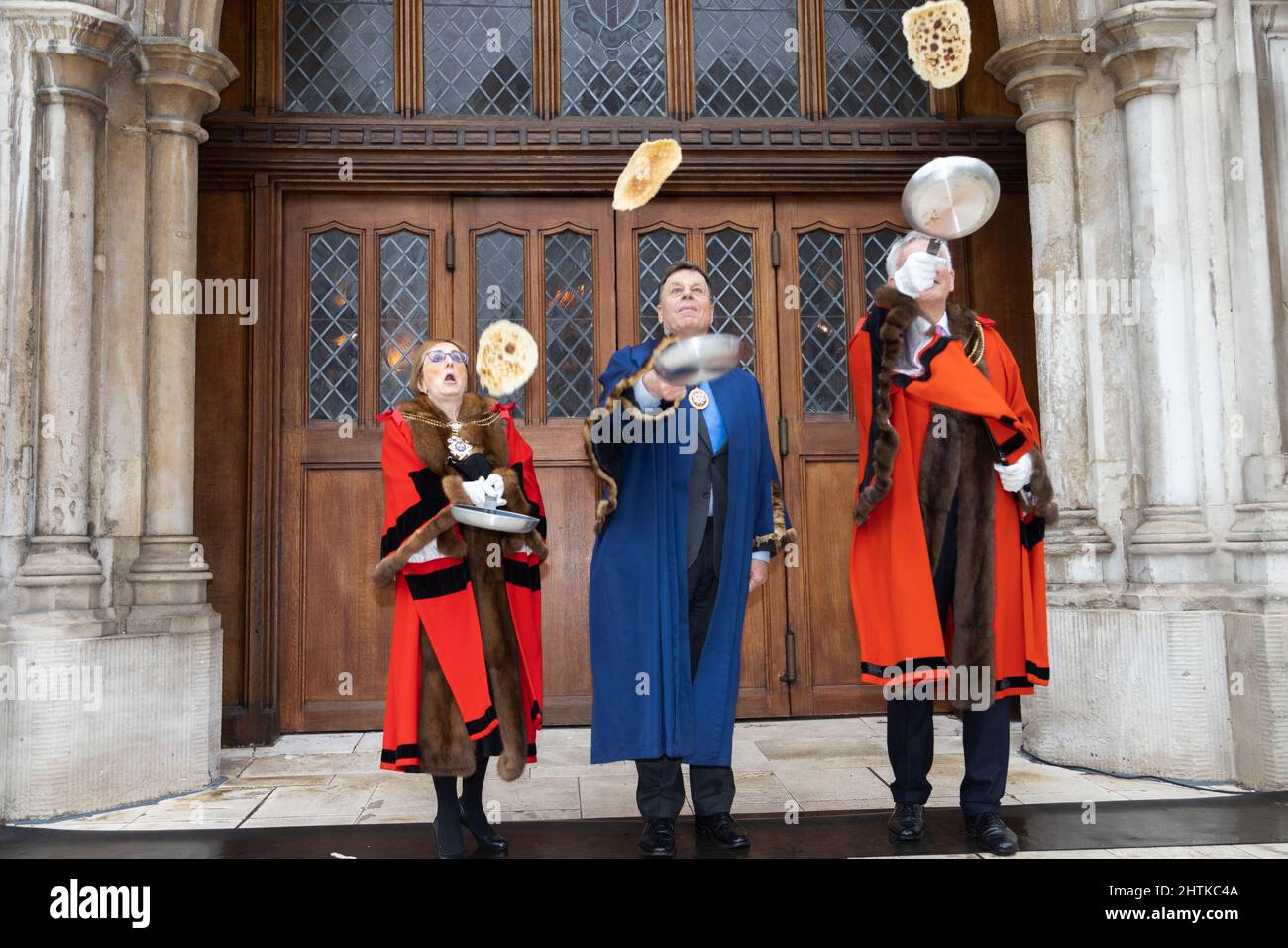 London, UK. 1st March, 2022. Pancake tossing at the annual Shrove ...