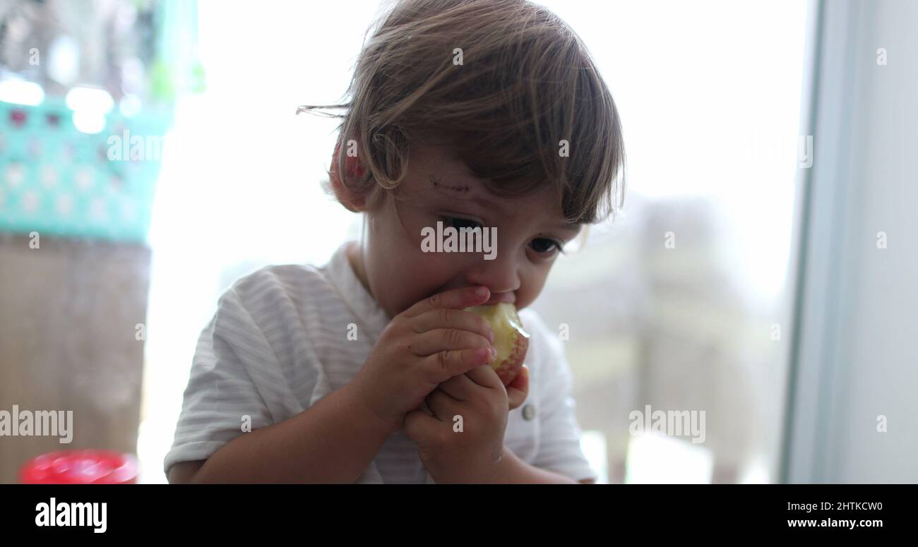 Cute child eating healthy snack fruit apple Stock Photo - Alamy