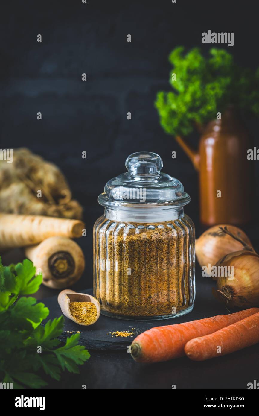 Homemade vegetable broth powder, organic vegetable stock, with raw ...
