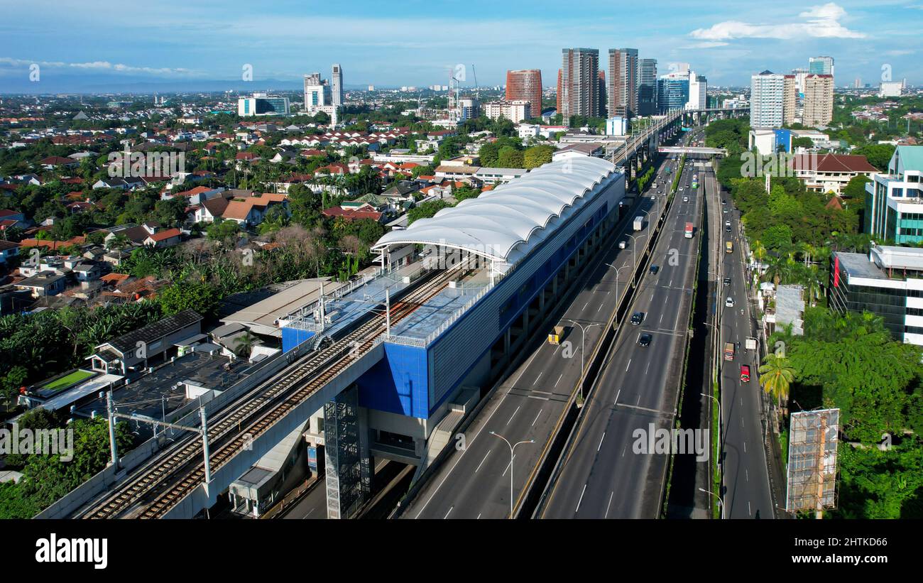 Aerial view of Jakarta LRT train trial run for phase 1 from Pancoran ...