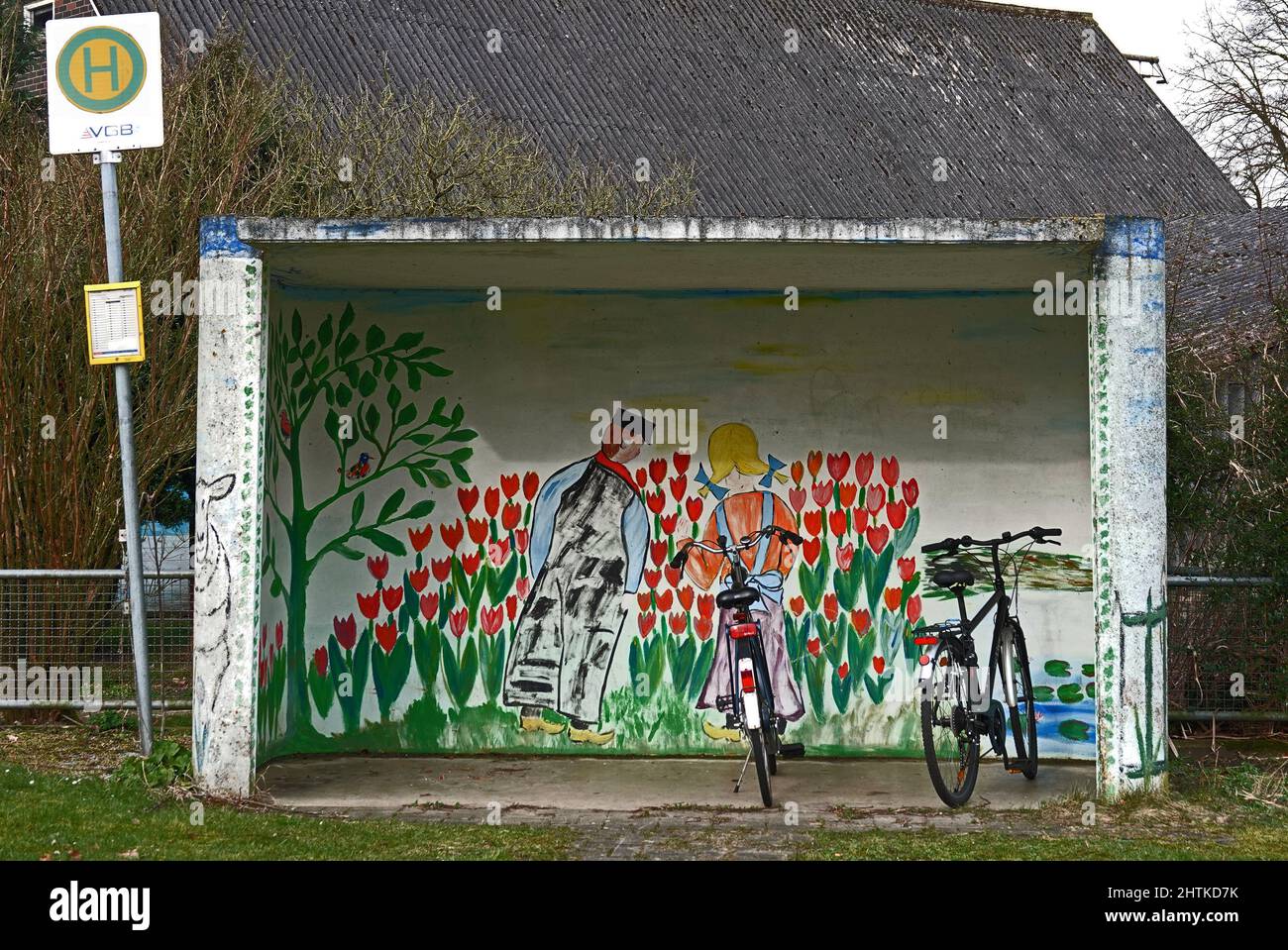 Laar, Germany - March 1 2022. Street art. A painted shelter at the bus ...
