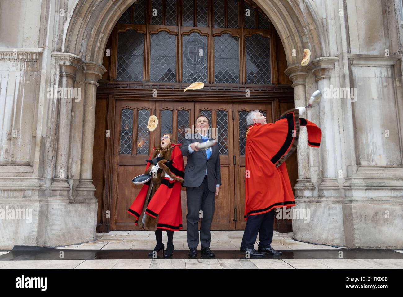 London, UK. 1st March, 2022. Pancake tossing at the annual Shrove ...