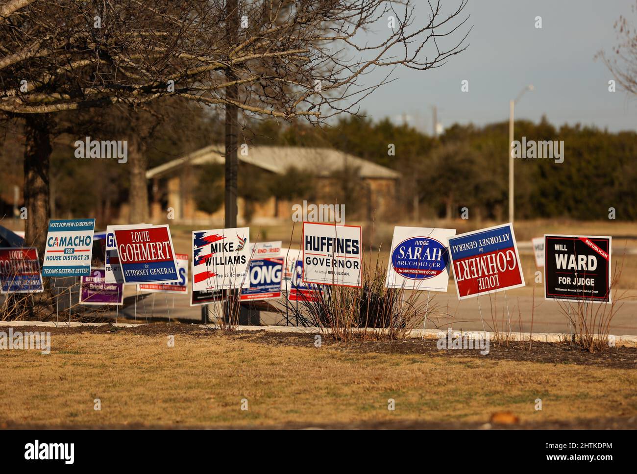 Leander, Texas, USA. 1st Mar, 2022. Campaign signs line a sidewalk ...