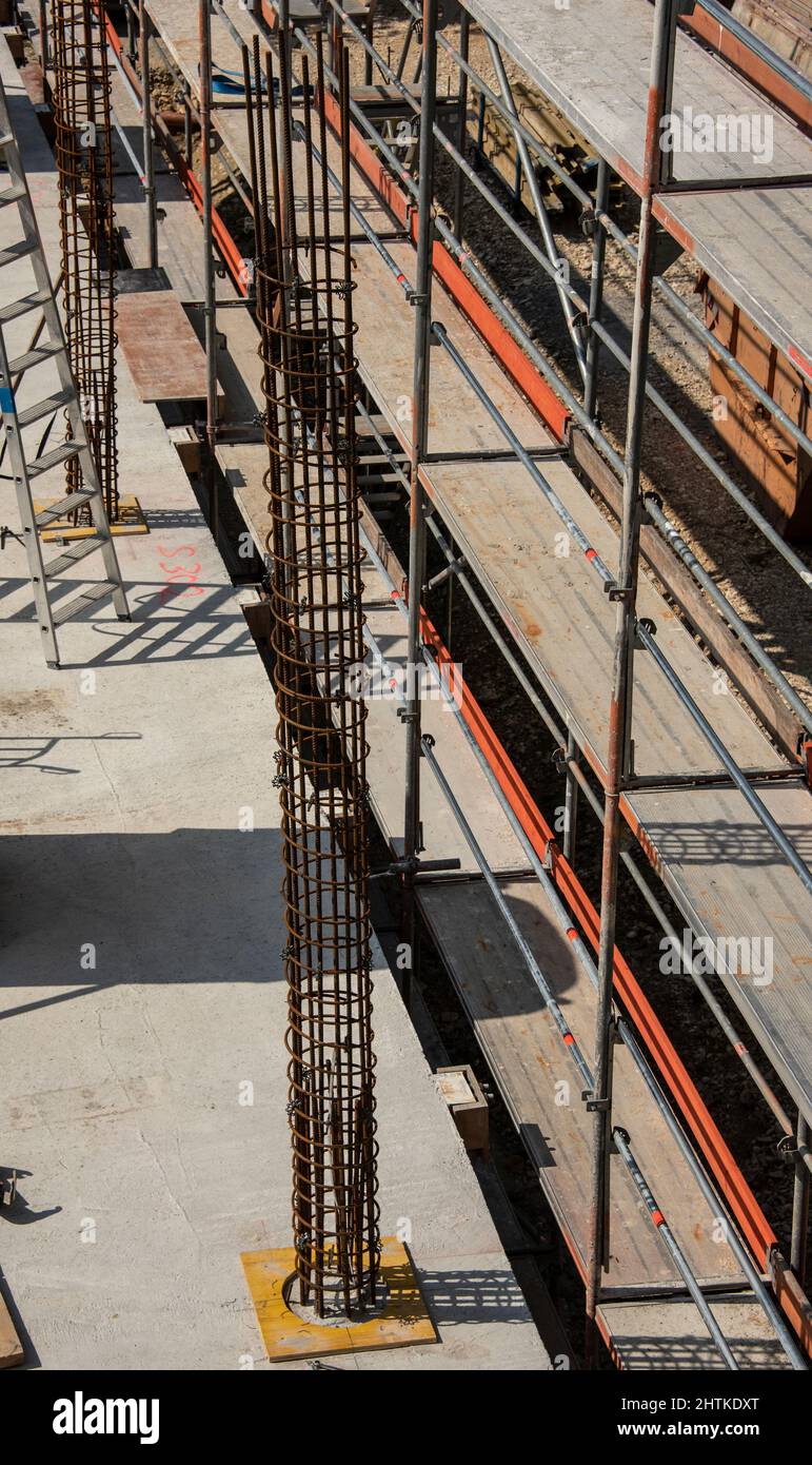 construction steel prepared for pouring cement in an architectural ...