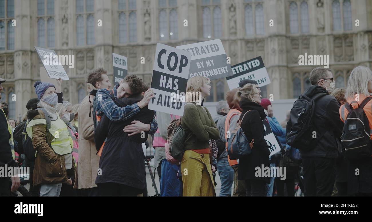 London, UK - 11 20 2021: Insulate Britain protesters hugging on Bridge ...