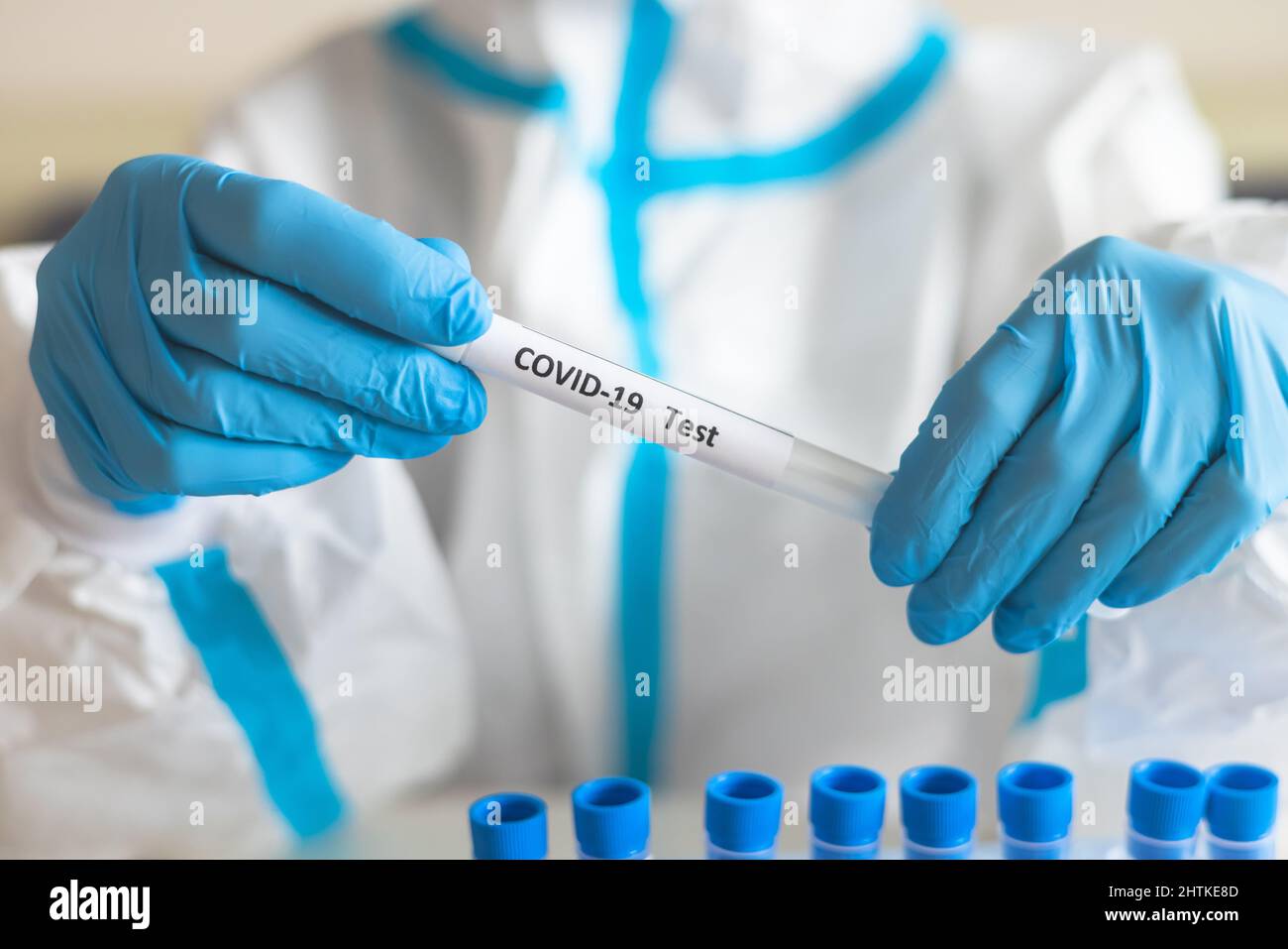 Process of coronavirus PCR antigen testing examination by nurse medic ...