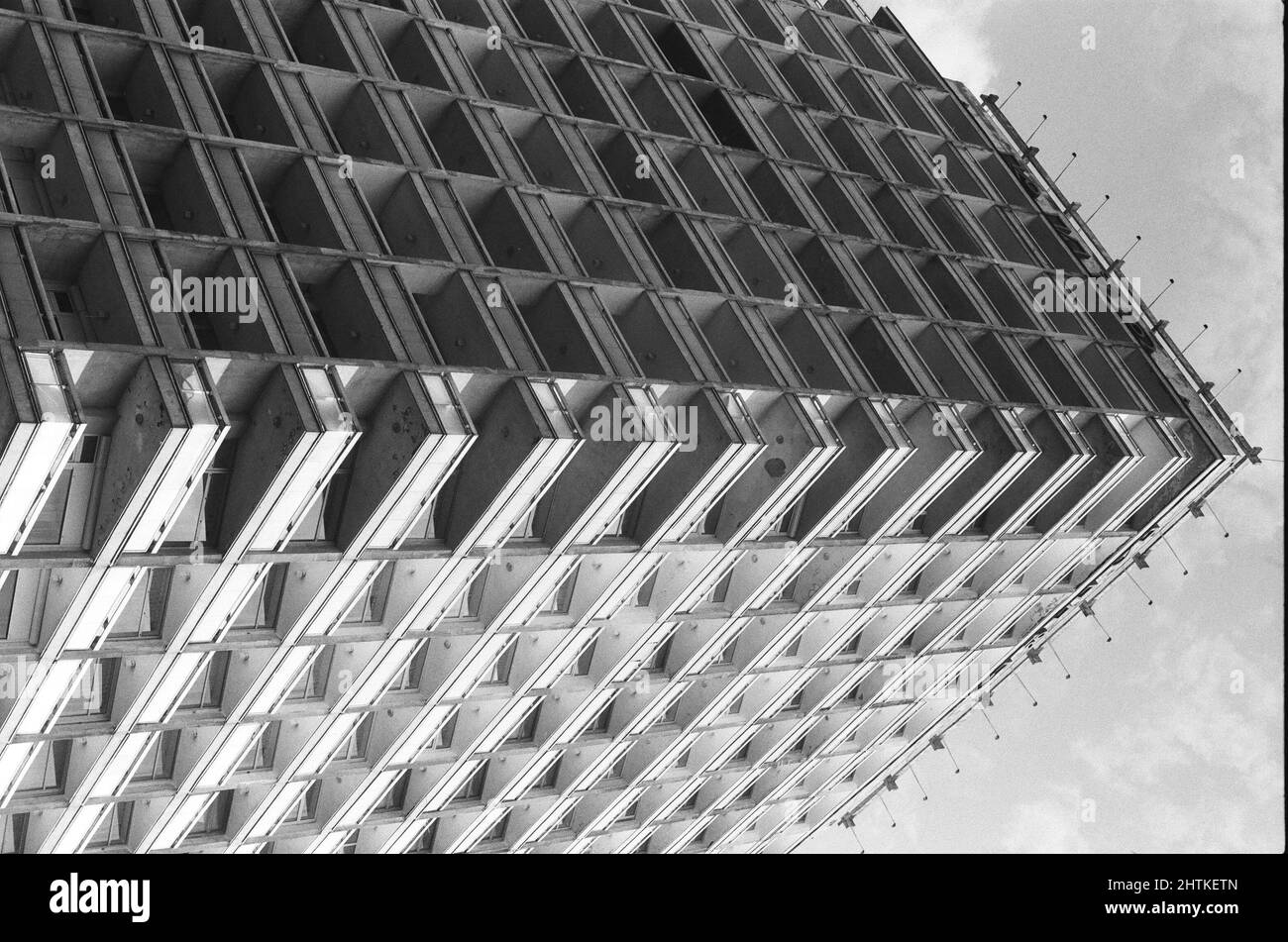 Grayscale of a building with balconies Stock Photo - Alamy