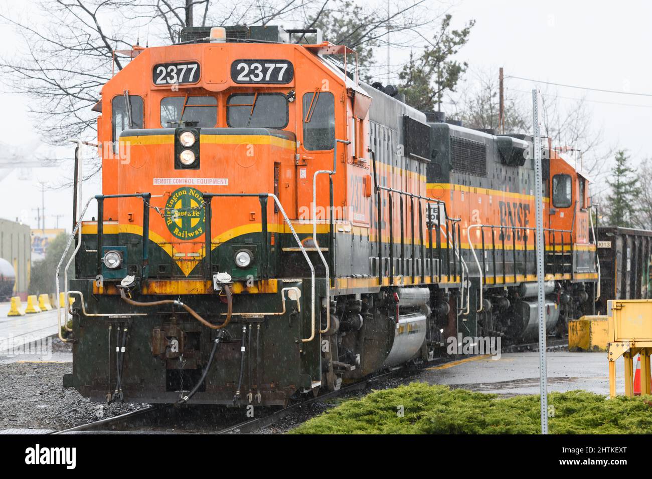 Seattle - February 28, 2022; BNSF GP38-2 Remote Control Equipment working in heavy rain in ...