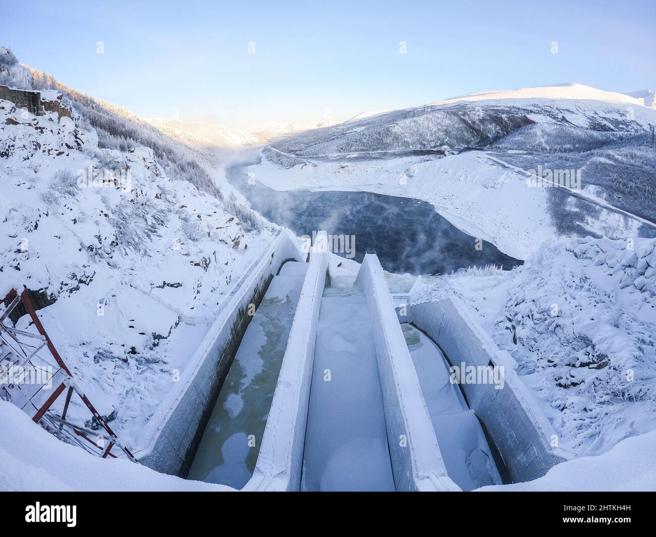 Dam of the Kolyma hydroelectric power station on the Kolyma river ...