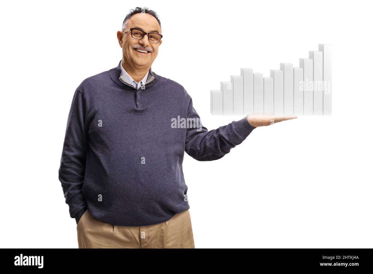 Smiling mature man holding a bar chart on his hand isolated on white ...