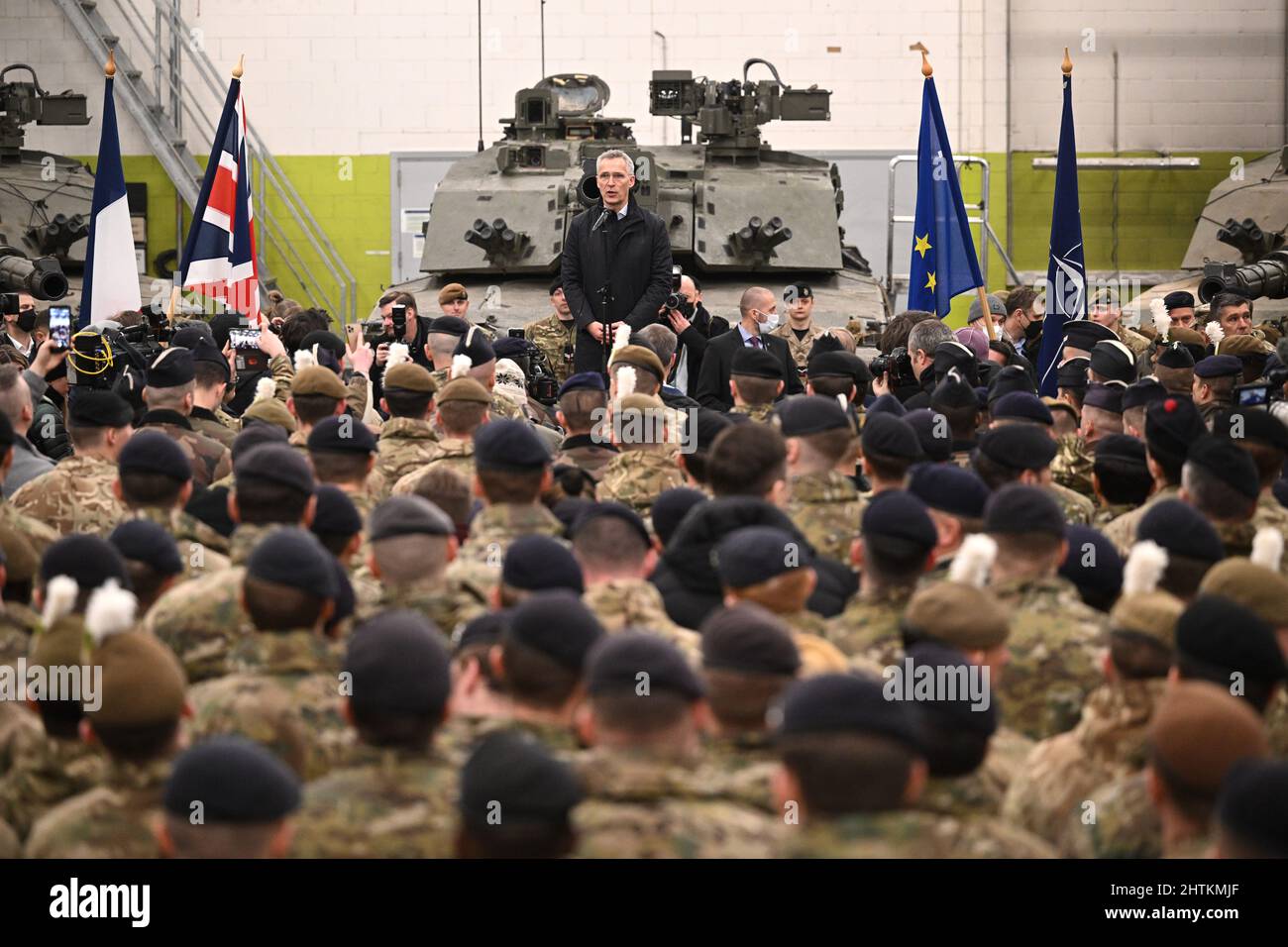 Secretary General of NATO Jens Stoltenberg meeting NATO troops after a ...