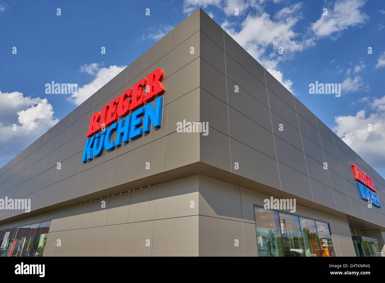 Göppingen, Germany - May 21, 2020: Kitchens Rieger Fasade, blue and red ...