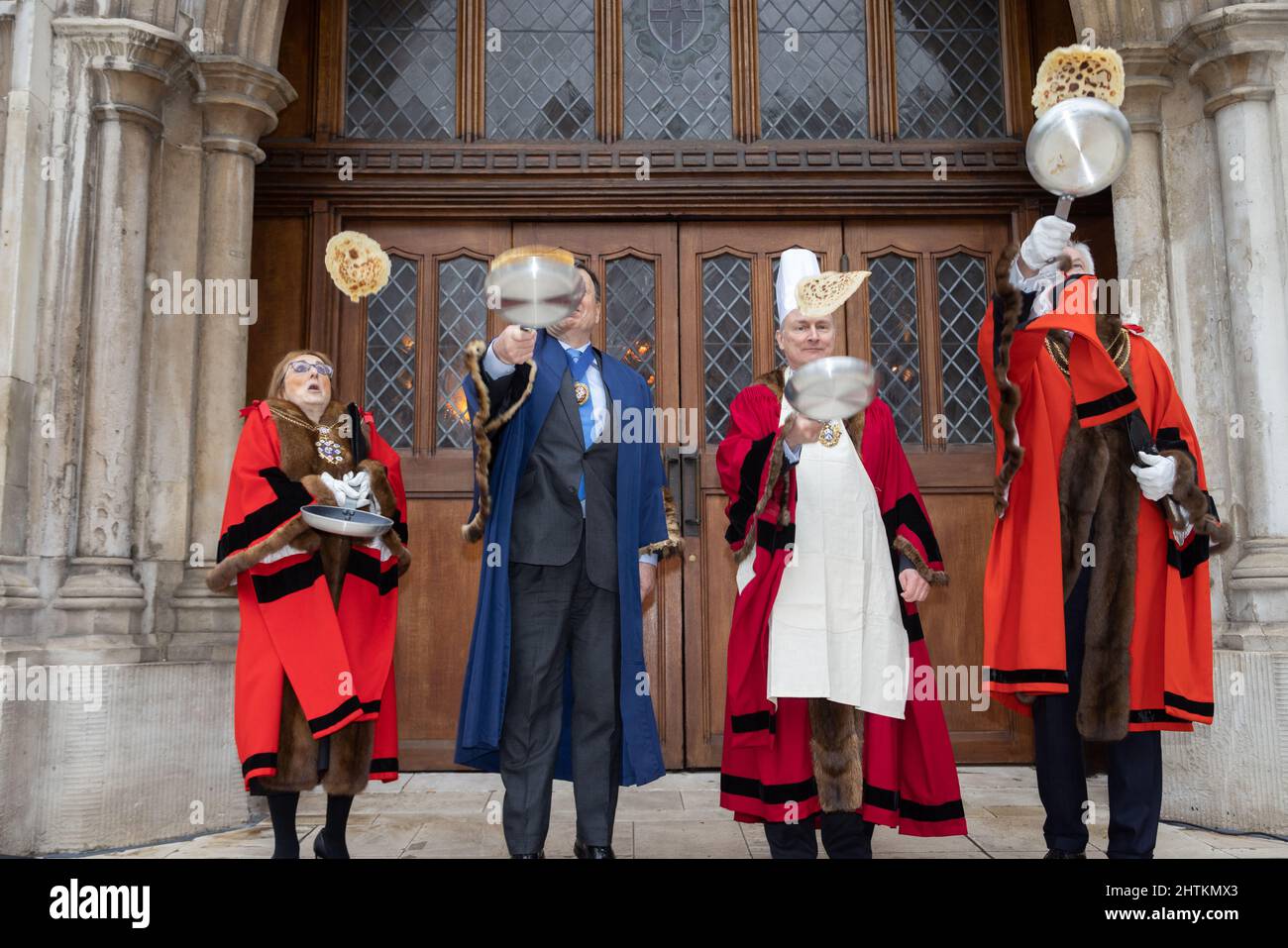 London, UK. 1st March, 2022. Pancake tossing at the annual Shrove ...