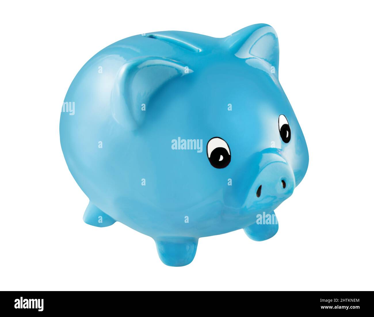 Finances and symbolic blue Piggy Bank isolated against white background ...