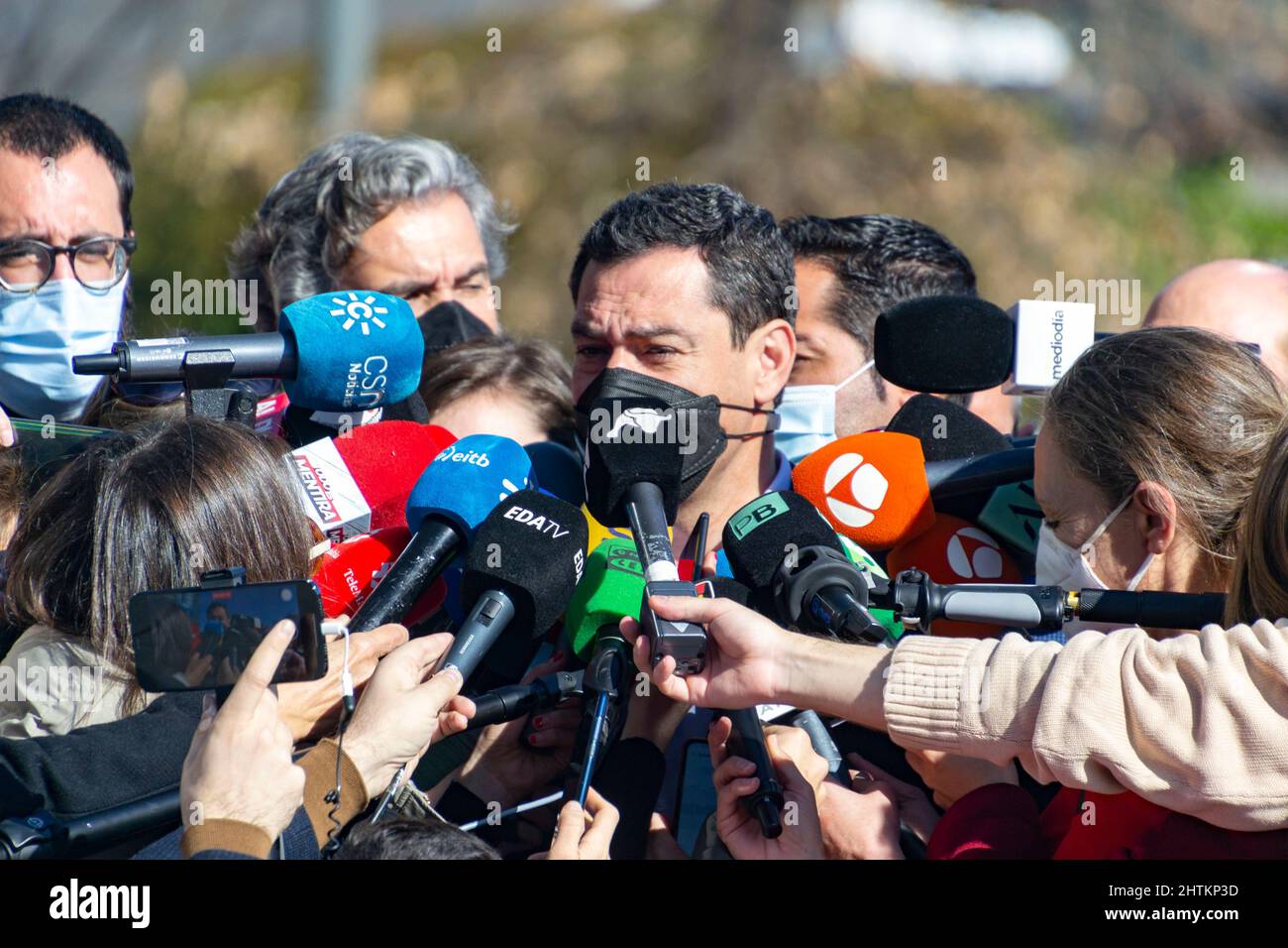 Juan Manuel Moreno, President of the Junta de Andaluca at a press ...