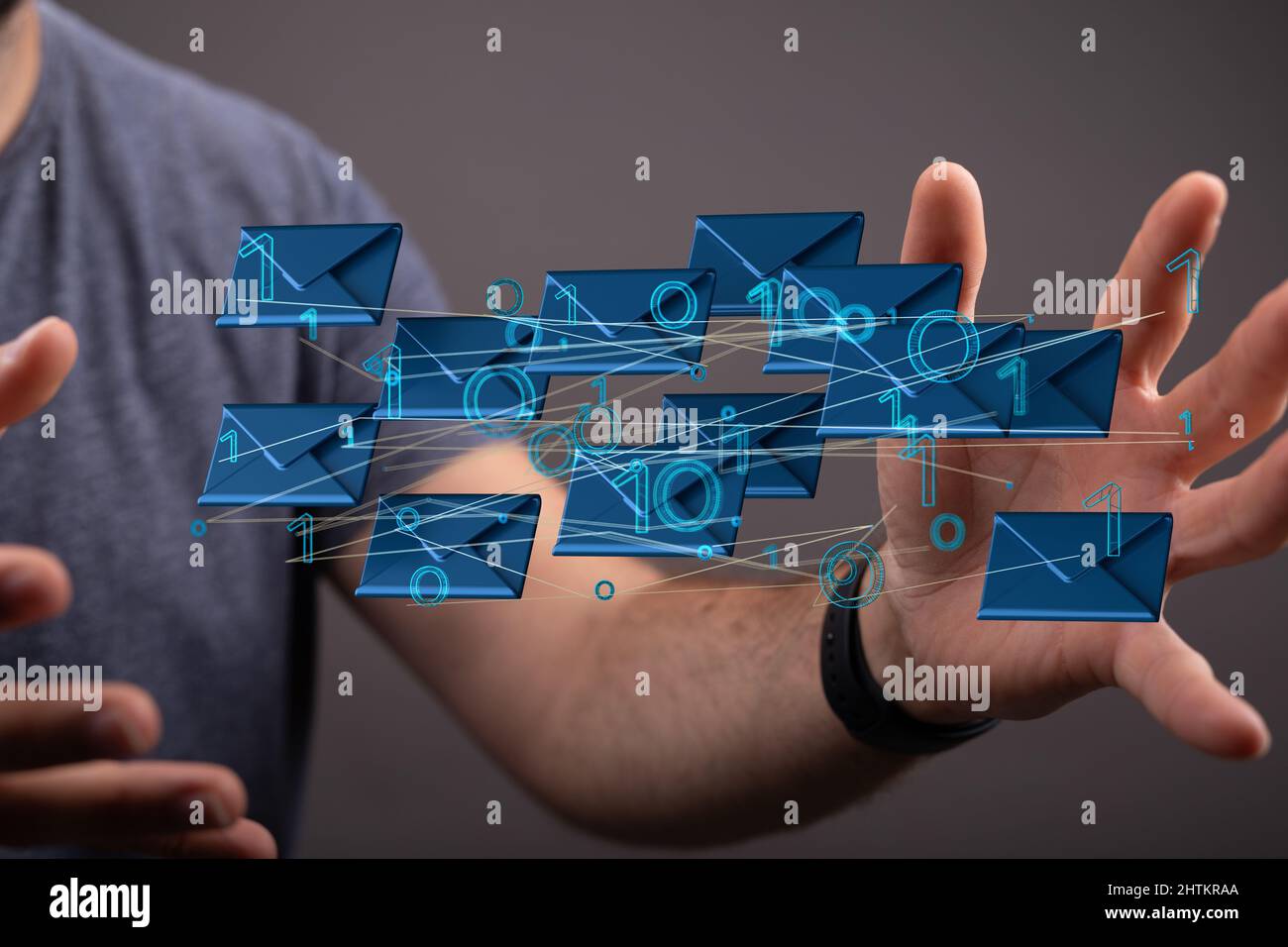 Collection of illustrative email symbols connected with lines and ...