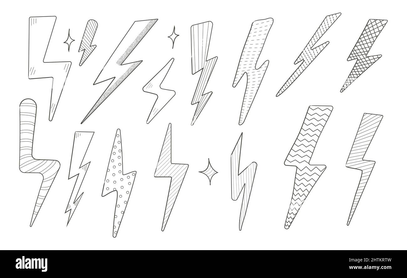 Lightning hand drawn set vector. Doodle thunder sign collection. Sketch ...