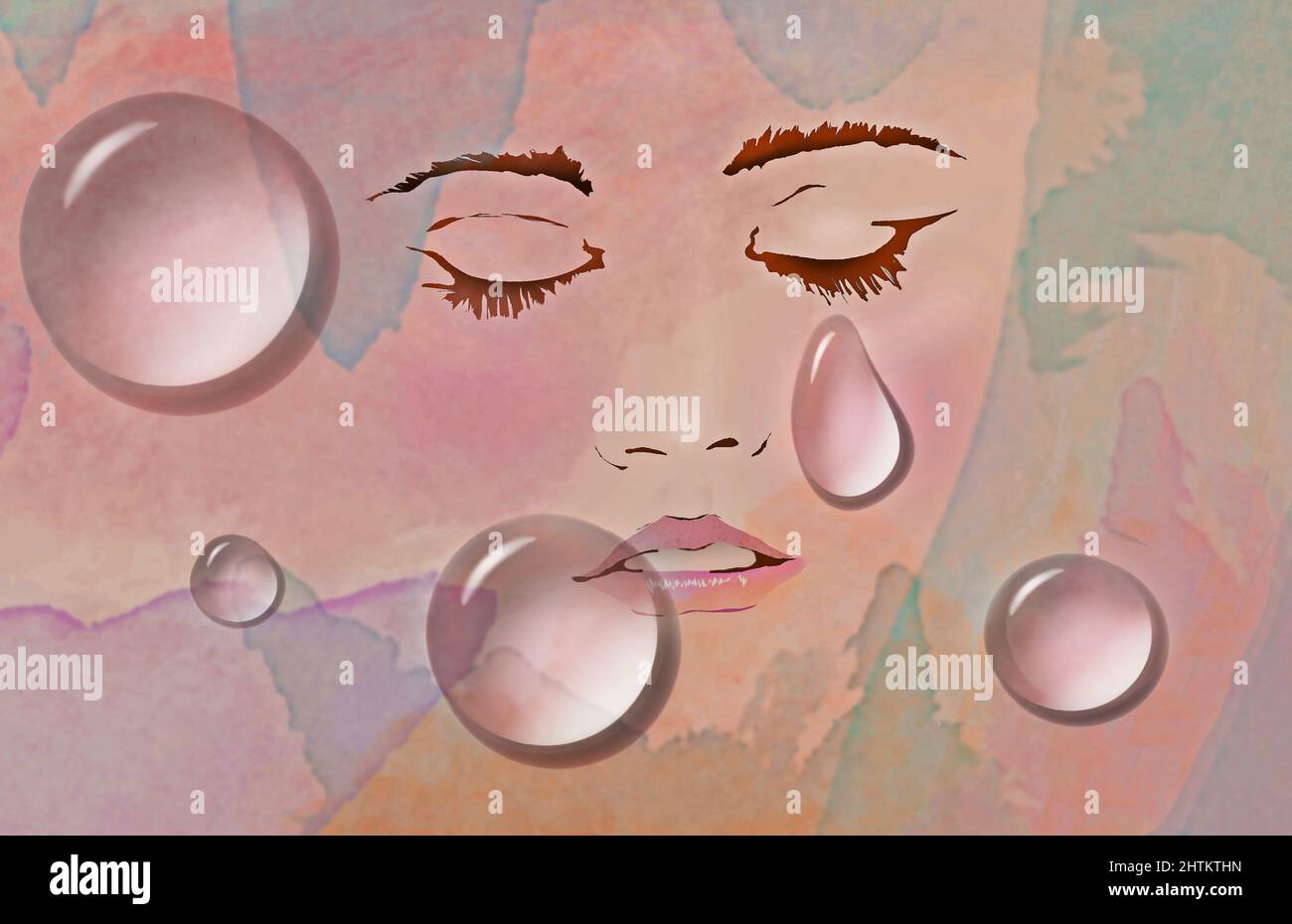 A girl is seen crying with tear drops gathering in this 3-d ...