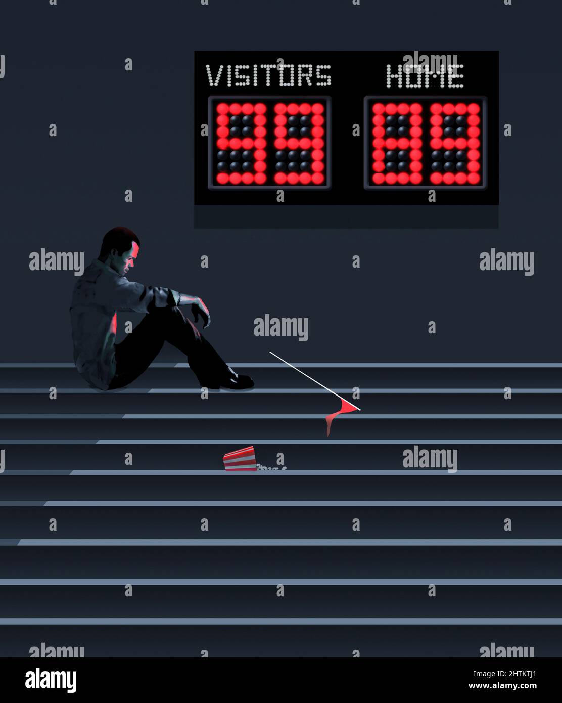 An unhappy man sits dejectedly by a basketball game scoreboard after ...