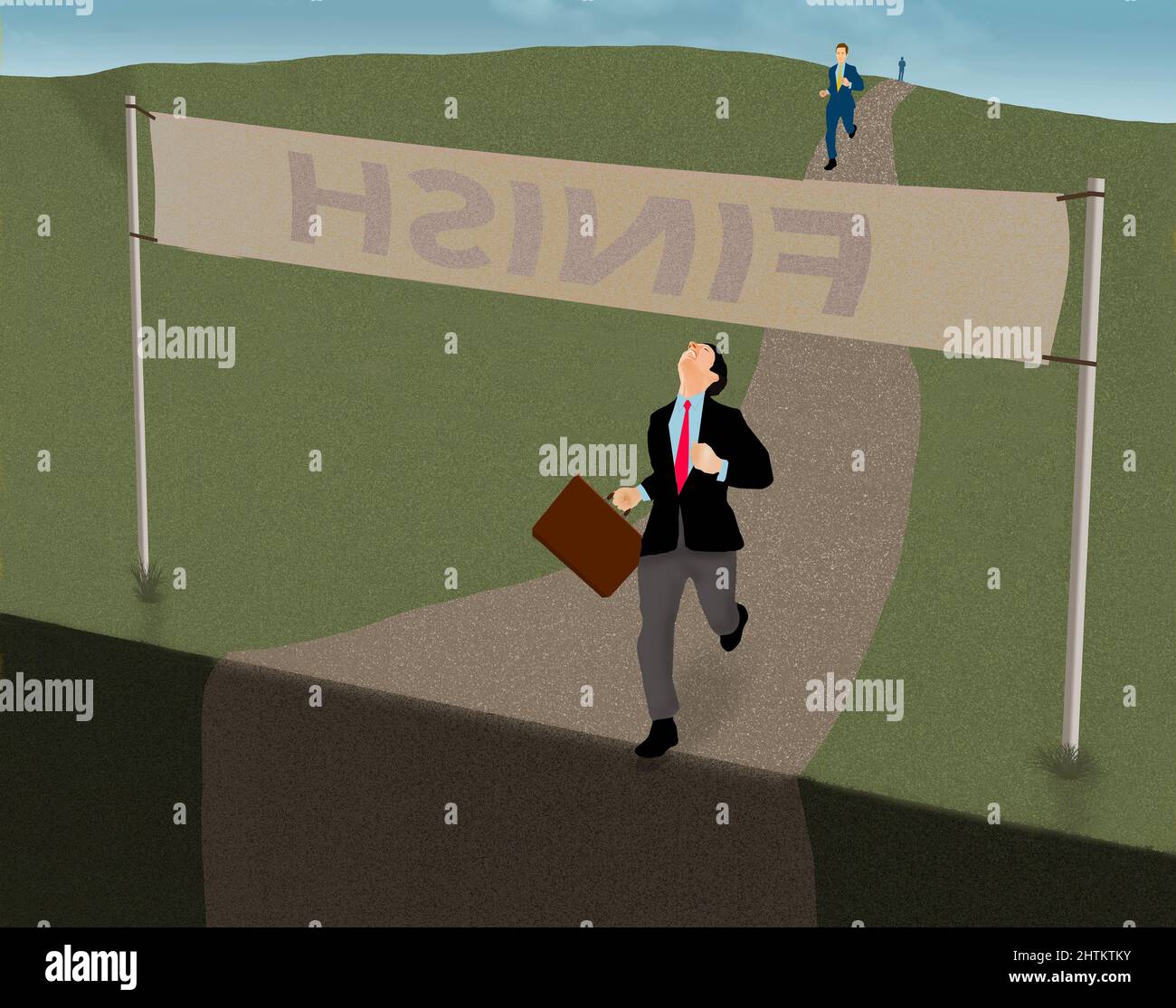 A man reaches his business goal losing sight of a drop off awaiting ...