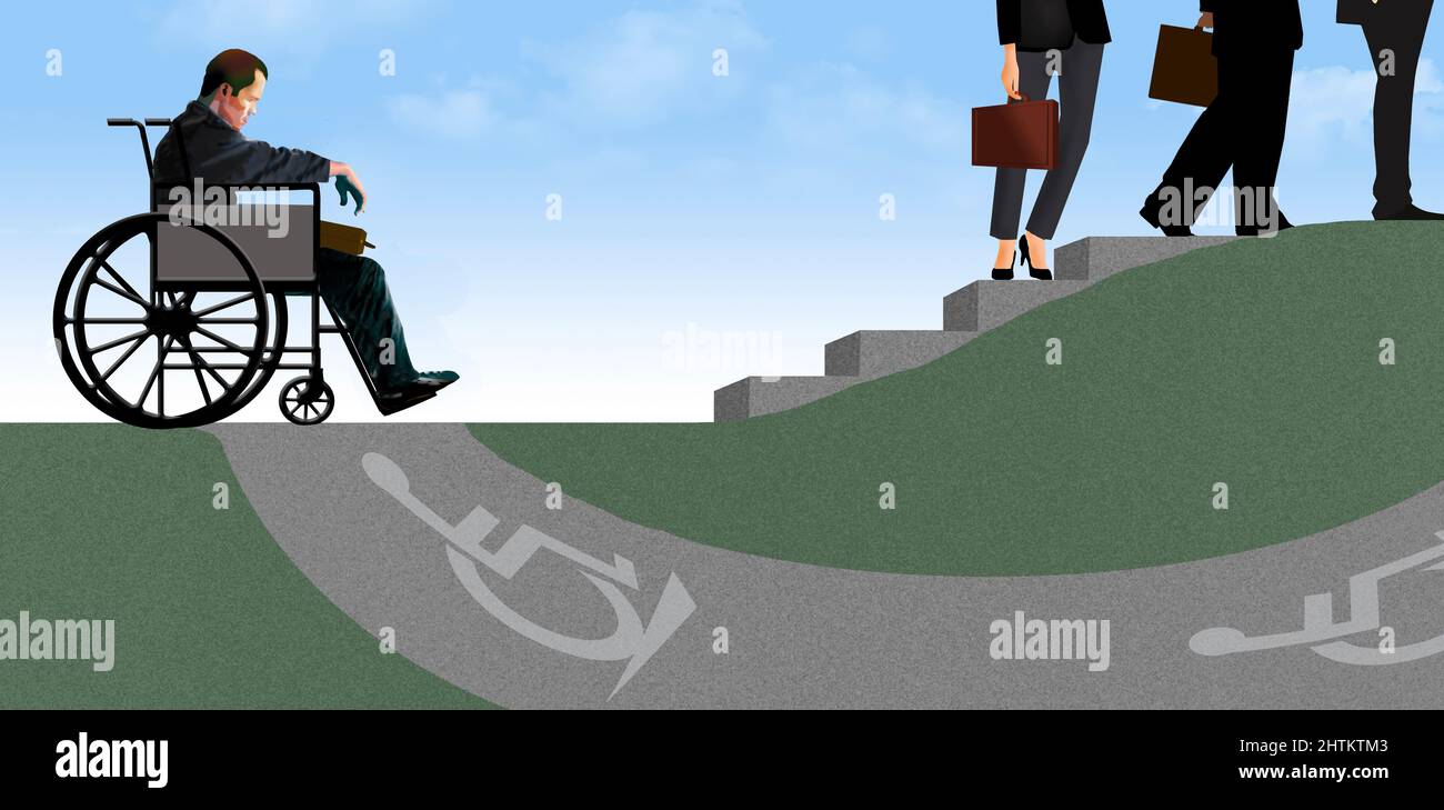 A man in a wheelchair is forced to take a different path than others in ...