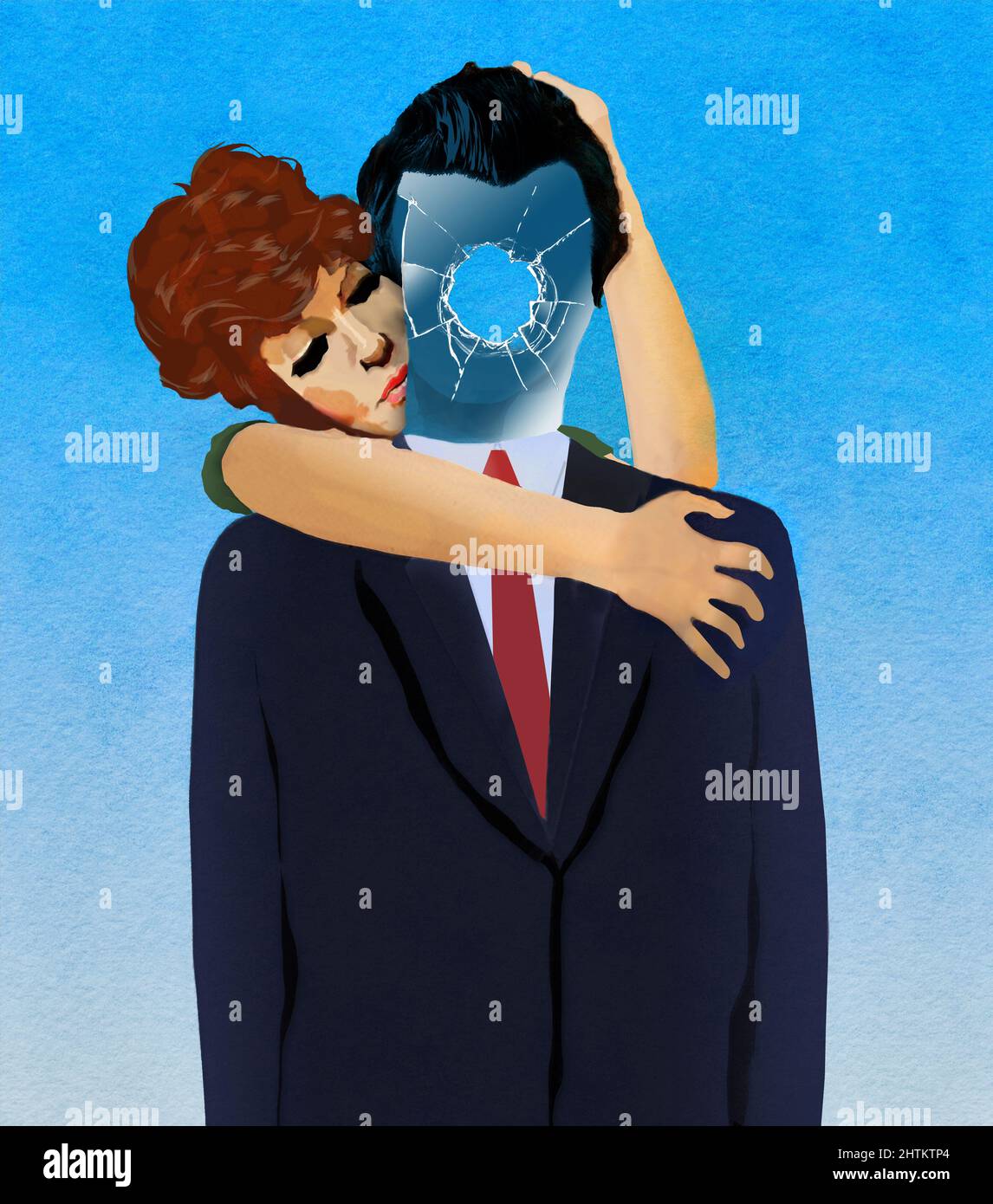 A woman embraces a man with a shattered face that represents mental ...