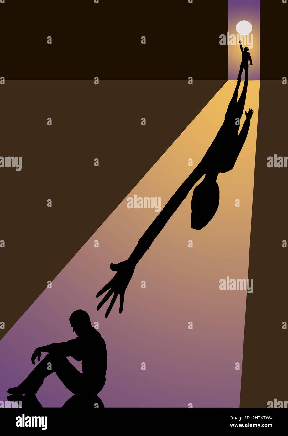 A friend reaching out to help a friend is seen in this 3-d illustration ...