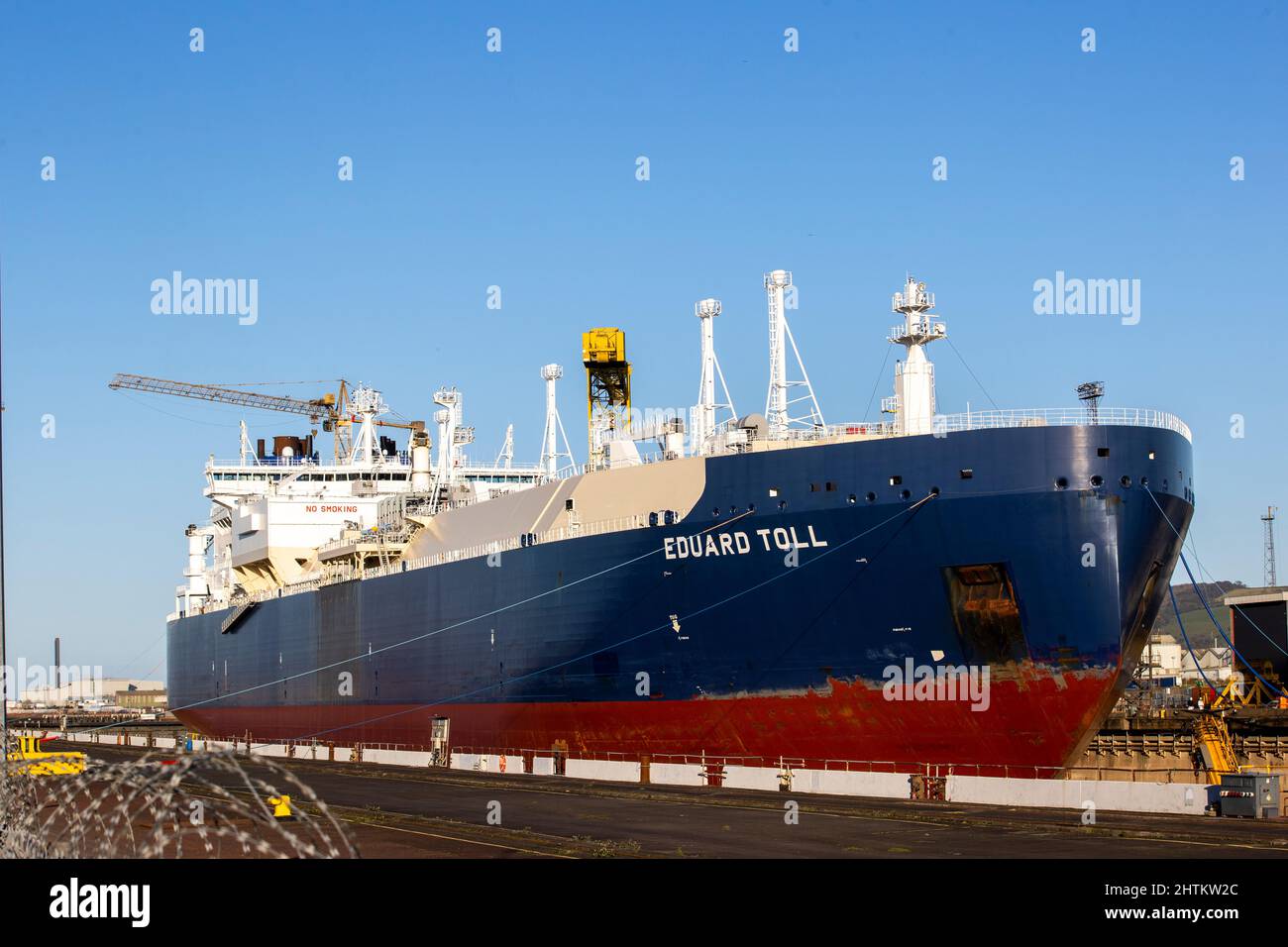 Tanker Eduard Toll docked at Harland & Wolff's shipyard at Belfast Port ...
