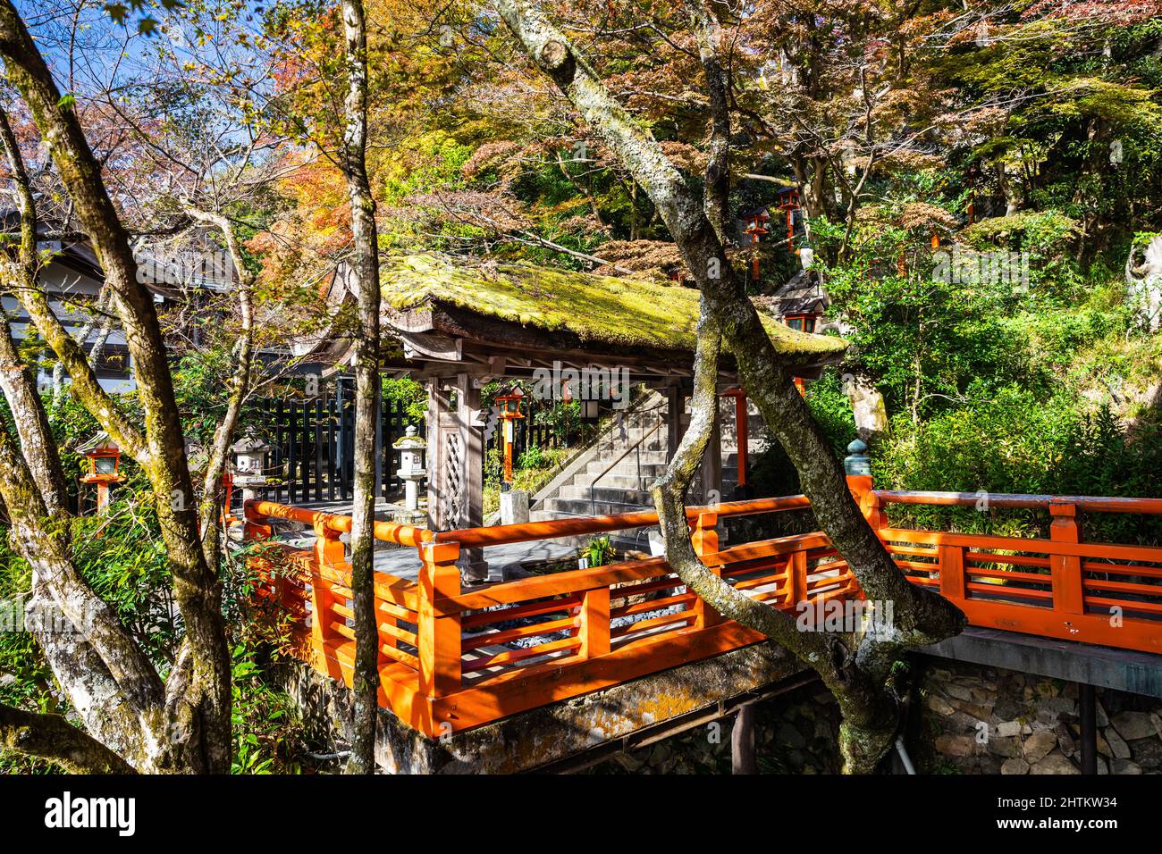 Traditional Japanese temple architecture in a forest with fall colors ...