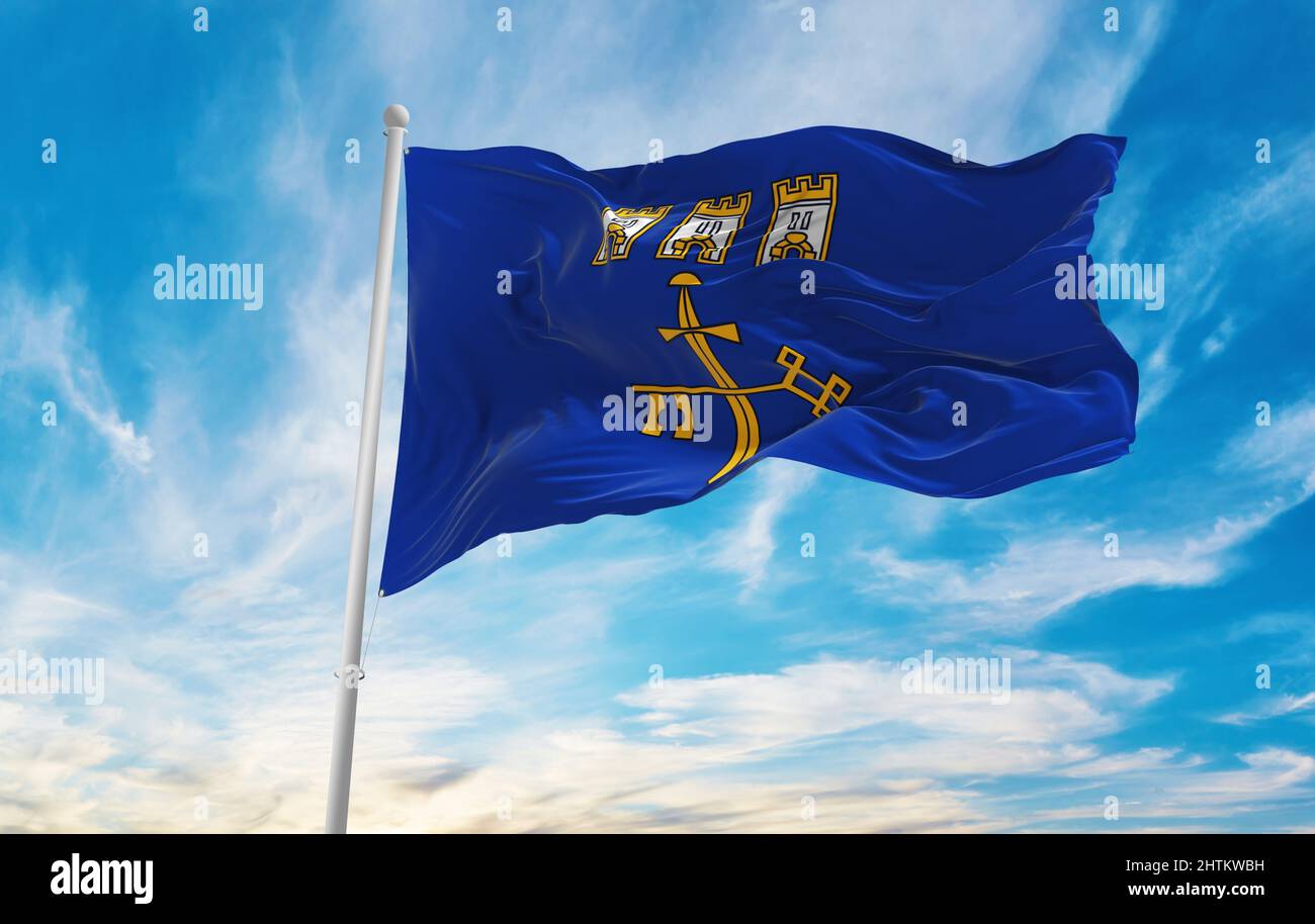 flag of Ternopil region , Ukraine at cloudy sky background on sunset ...