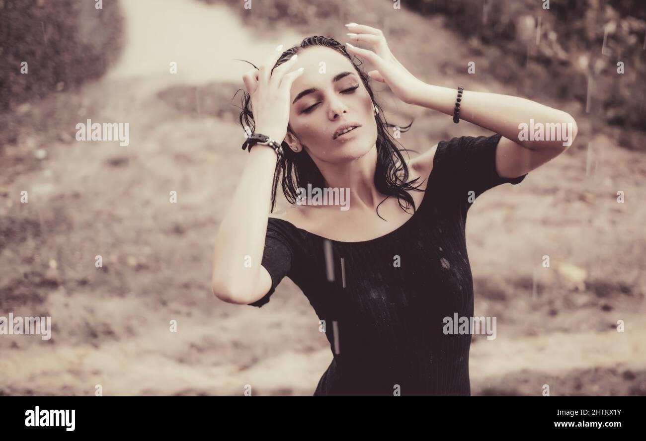 Woman in rain. Picture emotion woman. Girls cry. Sad female mood. Woman ...