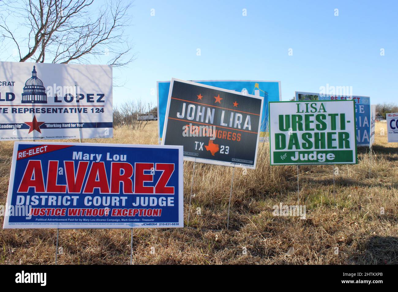 San Antonio, USA. 01st Mar, 2022. Political campaign signs around the ...