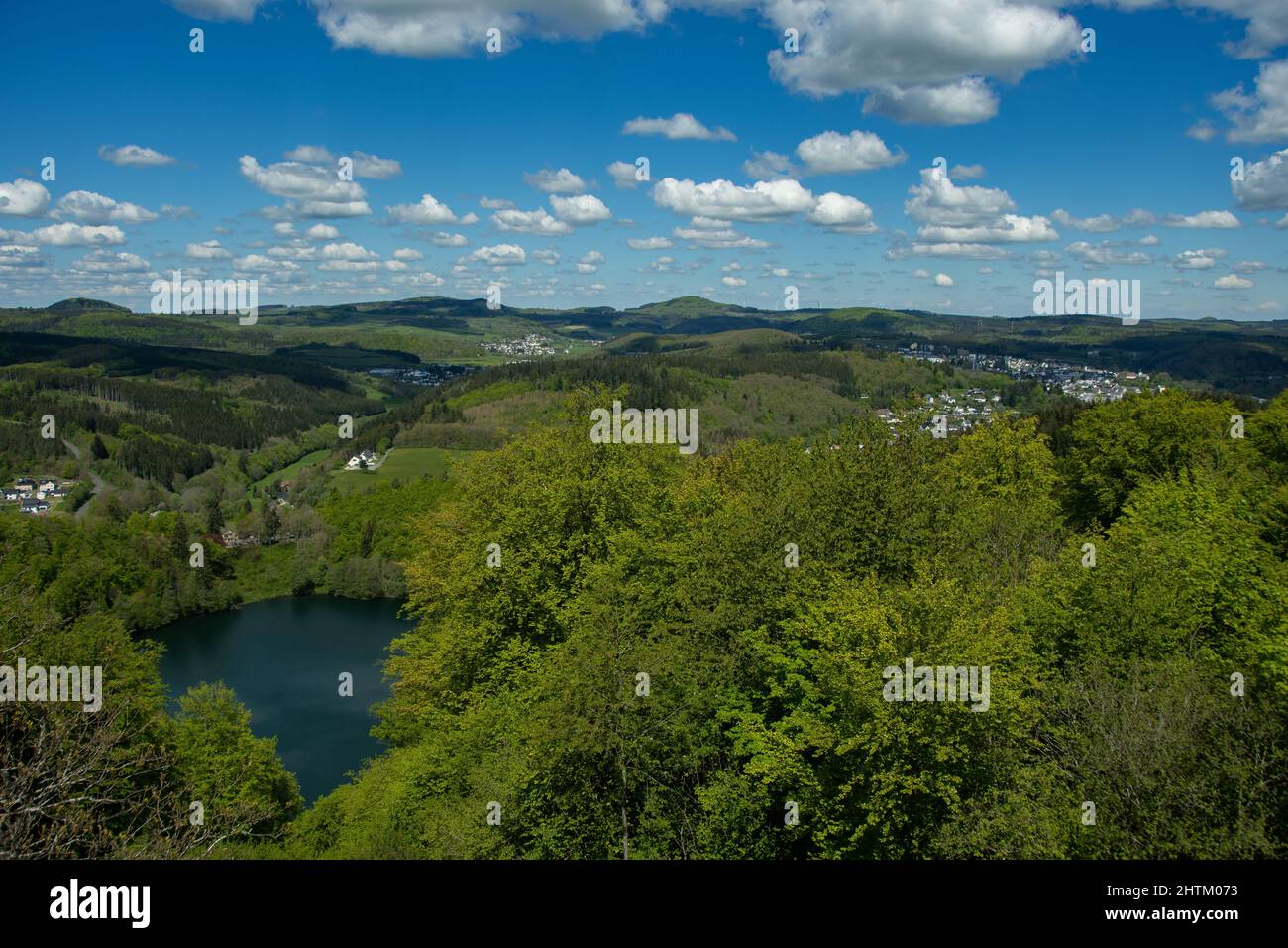 The view from the Mäuseberg to the Gemündener Maar in Daun Stock Photo ...