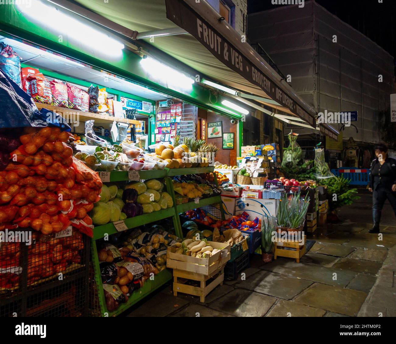 Closeup of Fruit and Vegetable Stall at night in Kentish Town, London ...