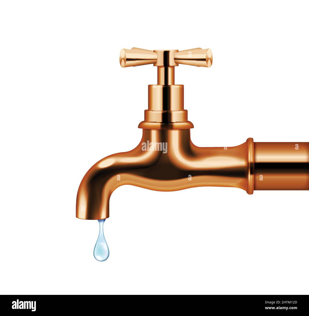 Copper water faucet with dripping water realistic isolated object in ...