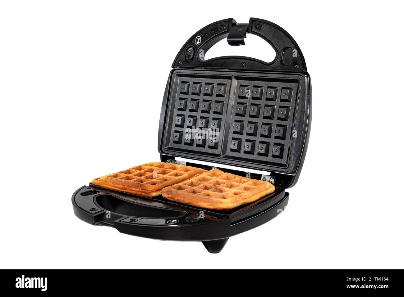New modern waffle maker with waffles isolated on white. homemade baking ...