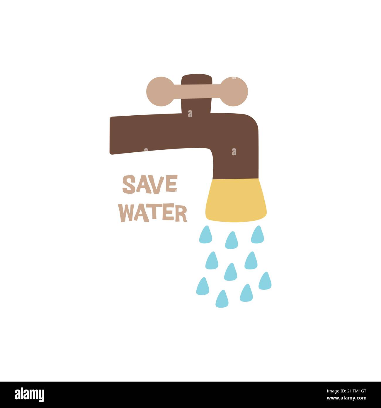 Open faucet with water drops. Text save water. Ecology concept ...