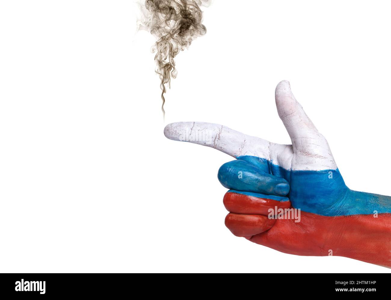 Hand in form pistol is painted in Russian tricolor with smoke coming ...