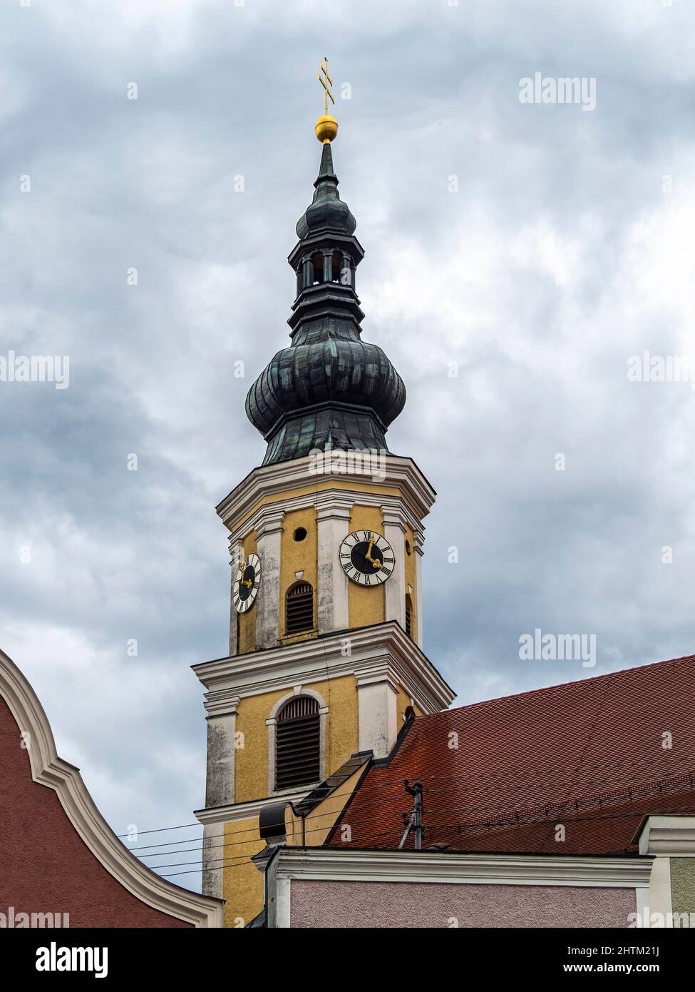 SCHARDING, GERMANY - JULY 12, 2019: The tower of the church of St ...